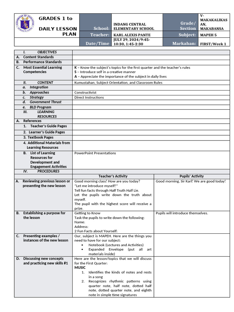 DLP-Q1 WK 1-7.29-Mapeh 5 | PDF | Learning | Teachers