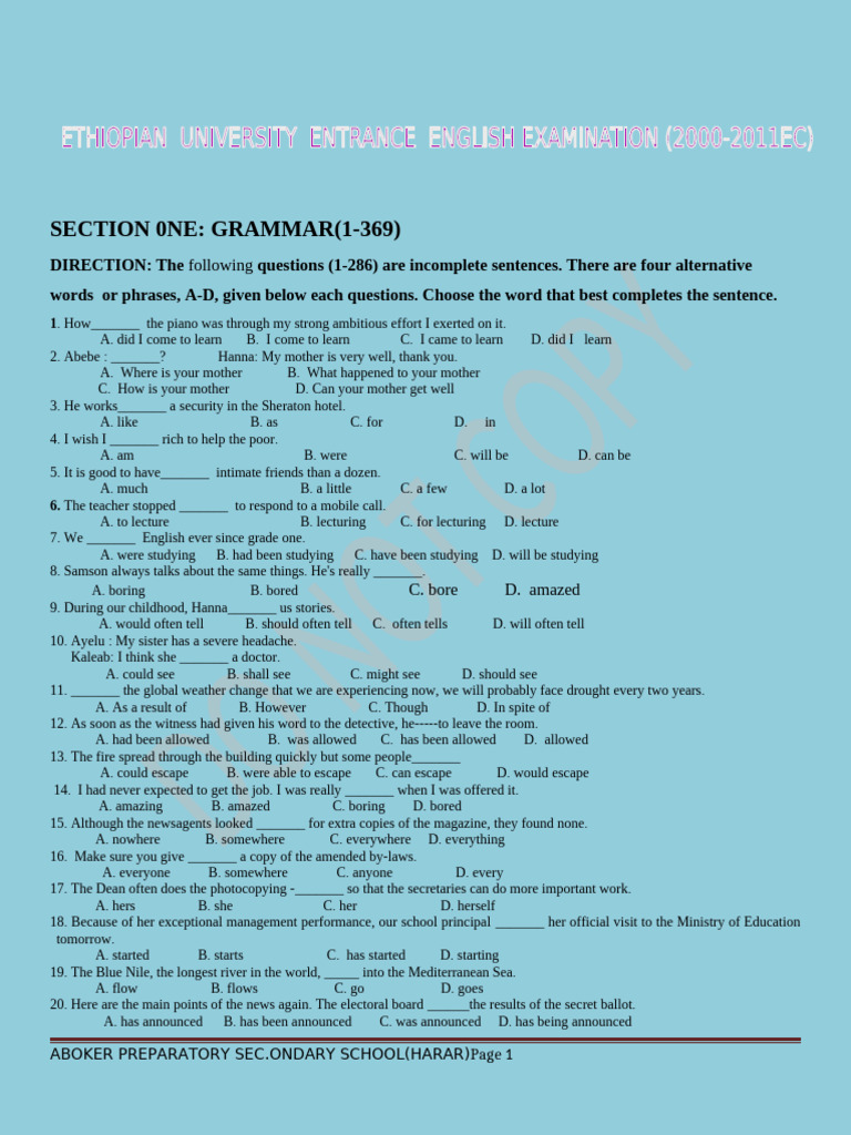 Eng G11&12 Question - 1 | PDF