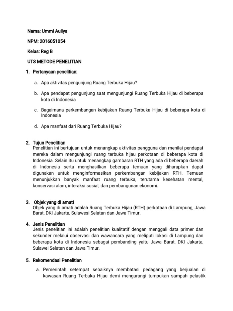 UTS Metode Penelitian_Ummi Auliya_2016051054 (1) | PDF