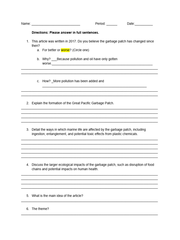 Great Pacific Garbage Patch Essay Question | PDF | Earth Sciences ...