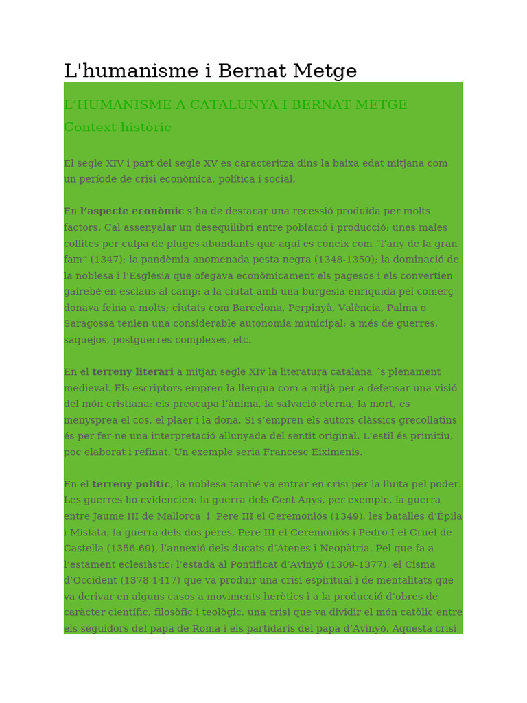 L'humanisme I Bernat Metge | PDF