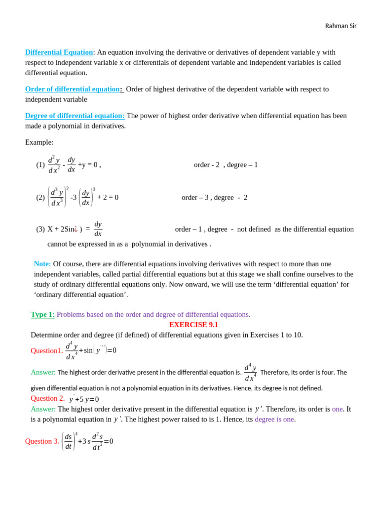 Order and Degree of Differential Equations | PDF | Equations ...