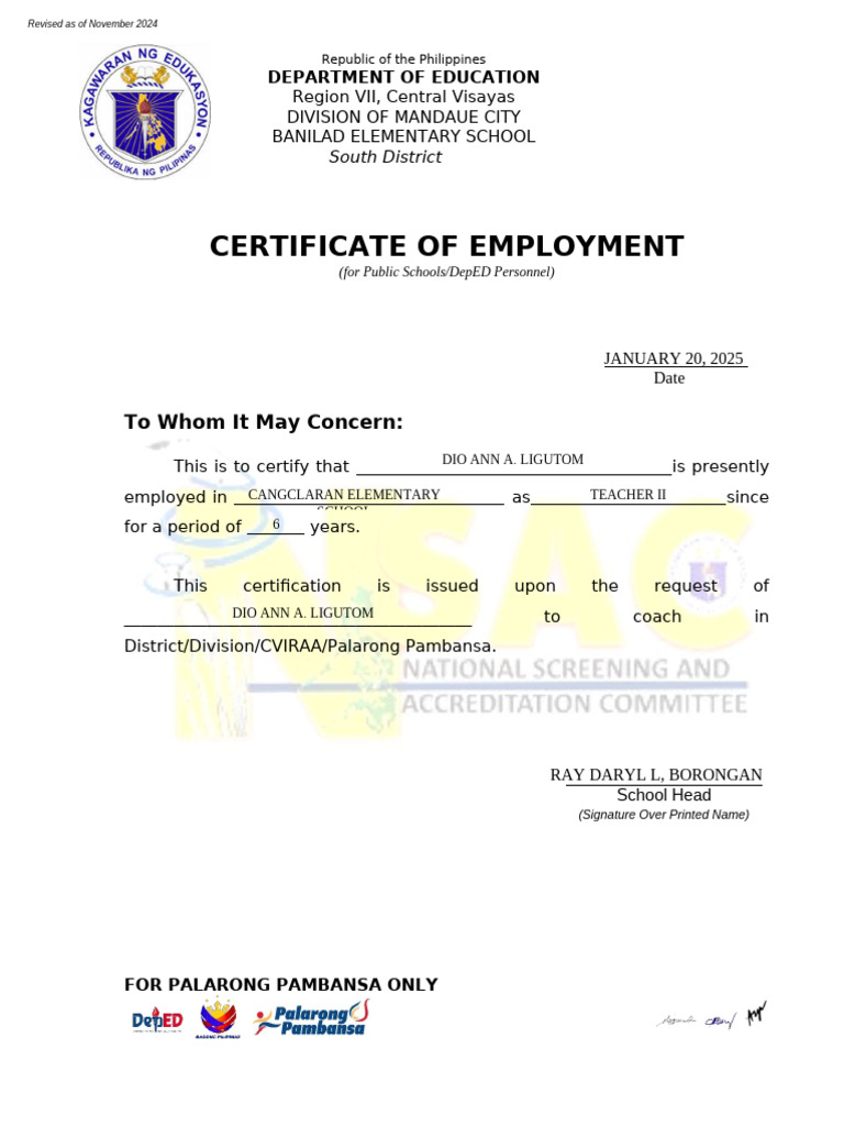 Certificate of Employment for Coaches | PDF