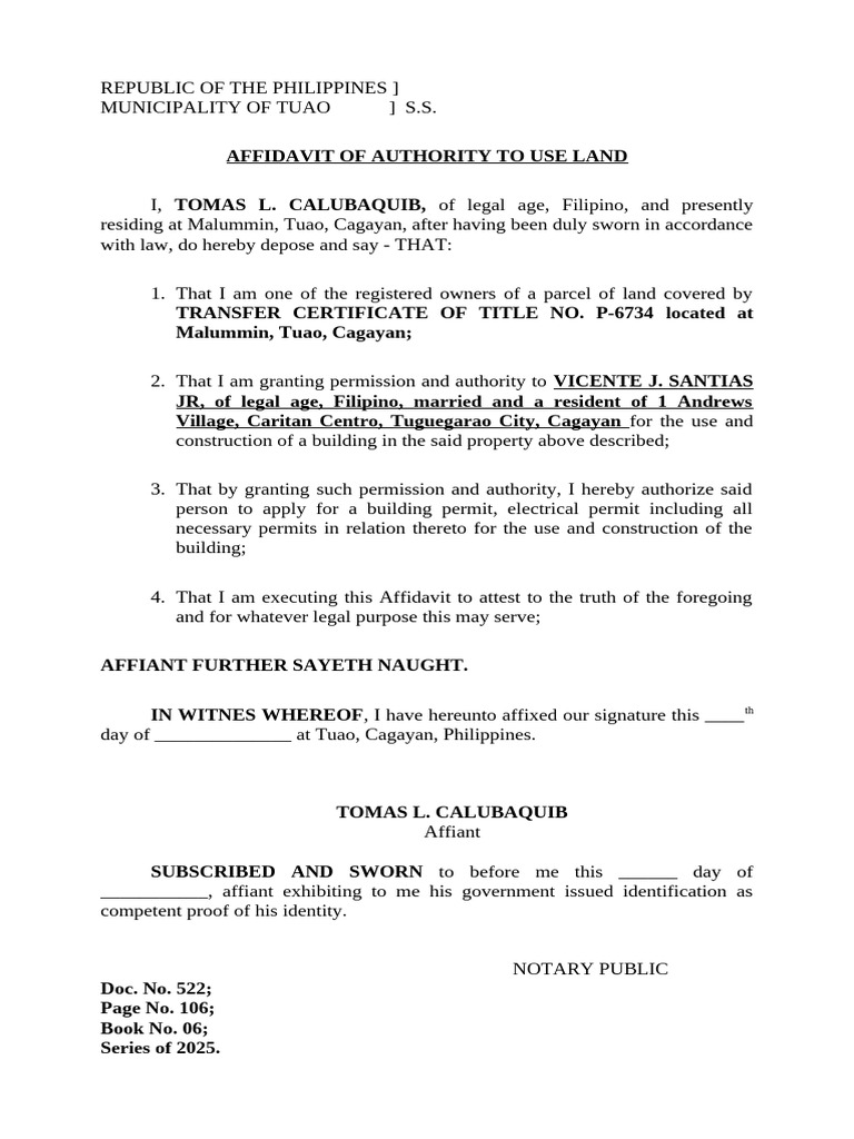 Affidavit of Authority to Use Land | PDF