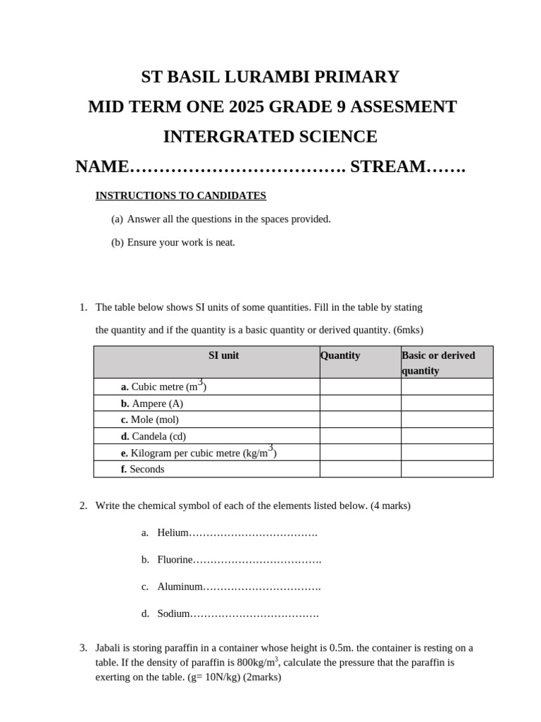 Grade 9 Mid Term Exam Intergrated Science | PDF | International System Of Units | Mole (Unit)