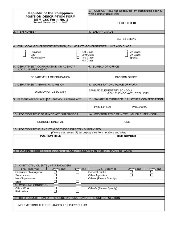 DBM CSC Form No. 1 Position Description Forms T3 | PDF | Teachers ...