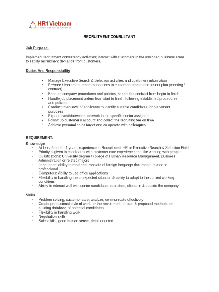(HR1) JD - Recruitment Consultant | PDF