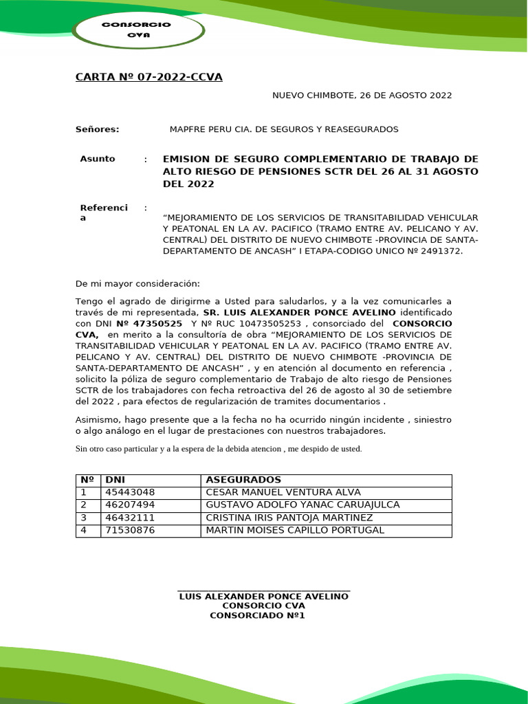 Carta 07-2022 Consorcio Cva - Solicitud de SCTR Profesionales | PDF