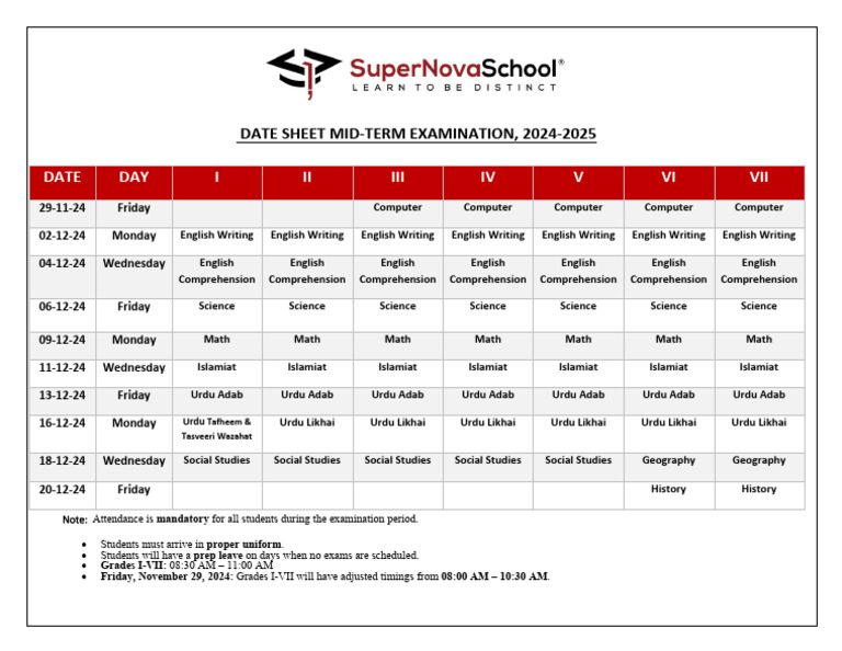 Mid-Term Exam Date Sheet 2024-2025 | PDF