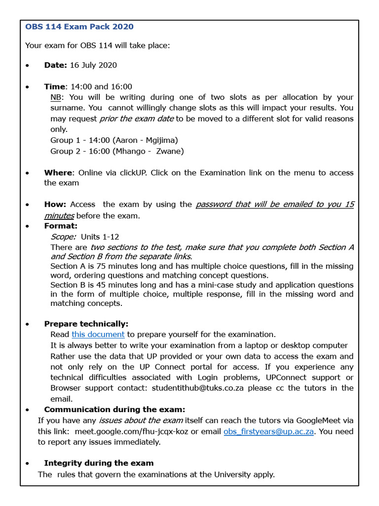 OBS 114 Exam Pack Guidelines 2020 | PDF