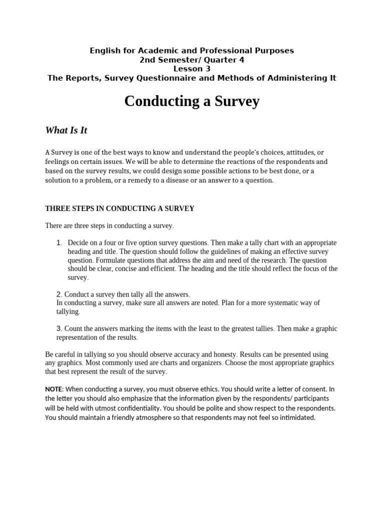 EAPP Handout Q2L3 Conducting A Survey | PDF | Questionnaire | Cognition