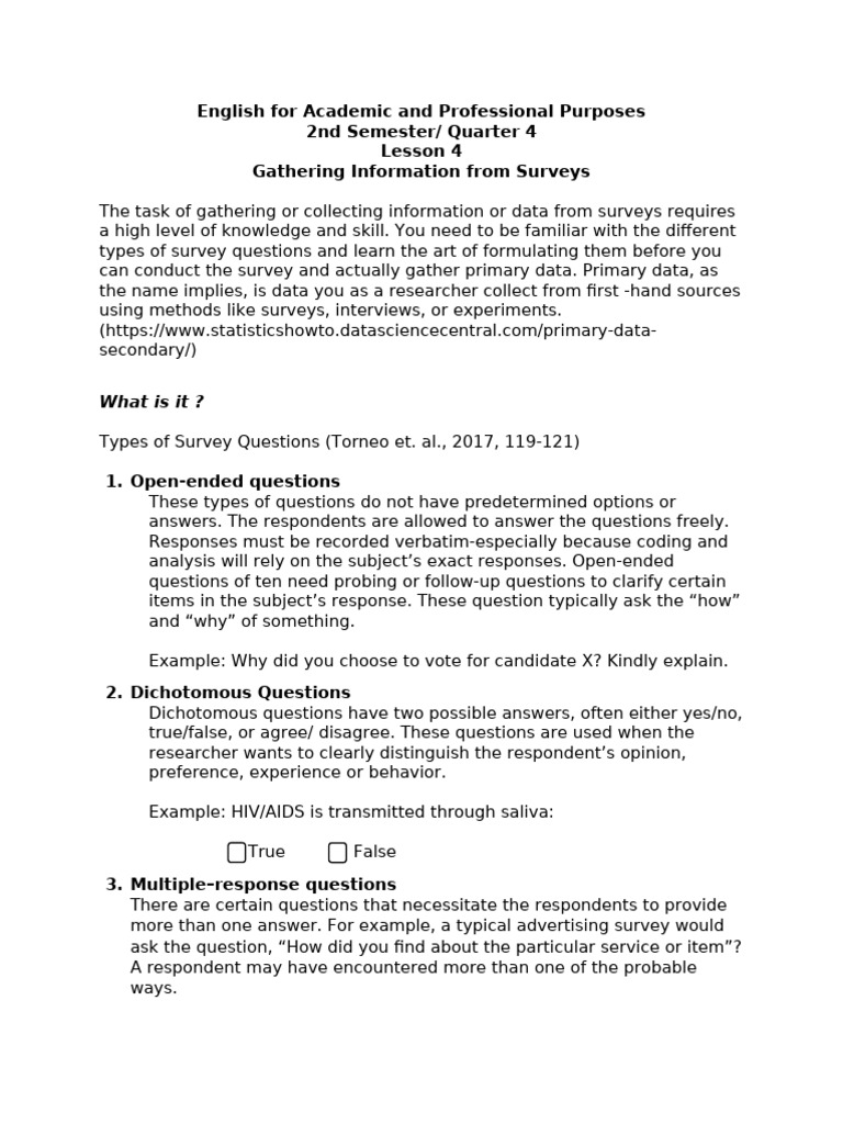 EAPP Handout Q2L4 Gathering Information From Surveys | PDF | Likert Scale | Cognition