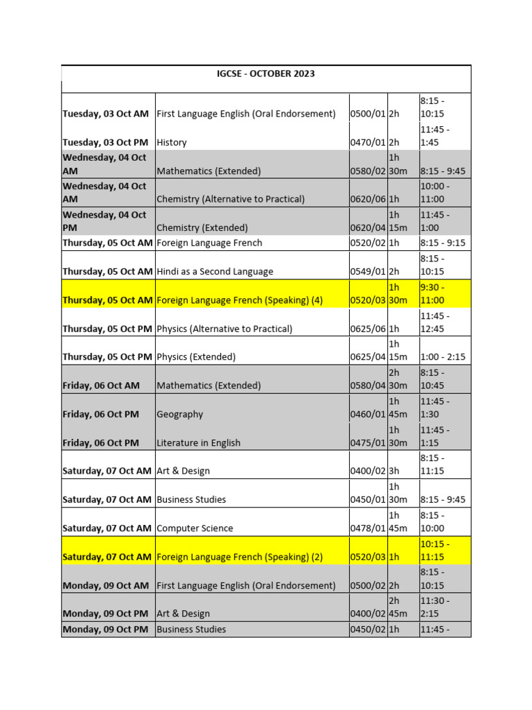 10 IGCSE Mid-Term Exam Time Table | PDF