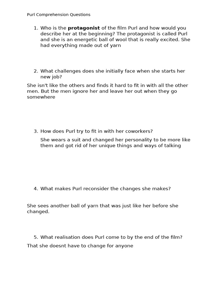 Purl Film Comprehension Questions | PDF