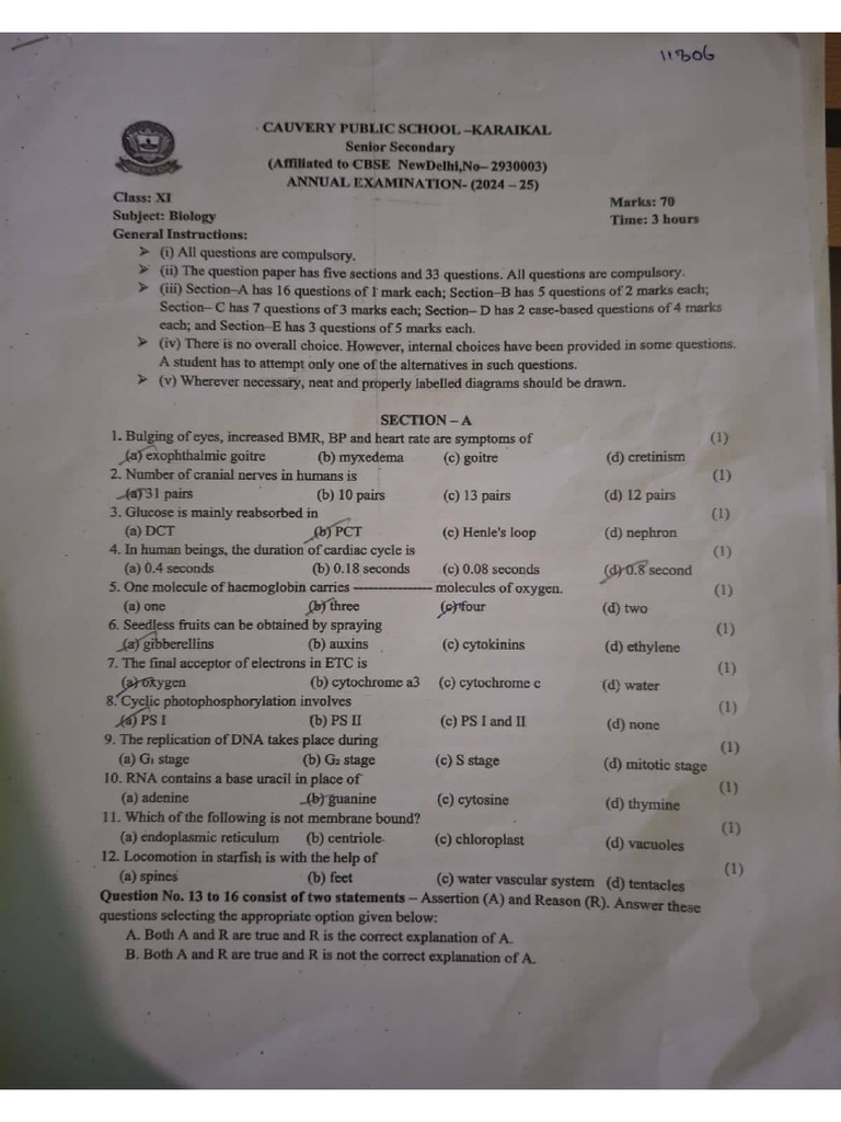 Biology Class 11 QP | PDF