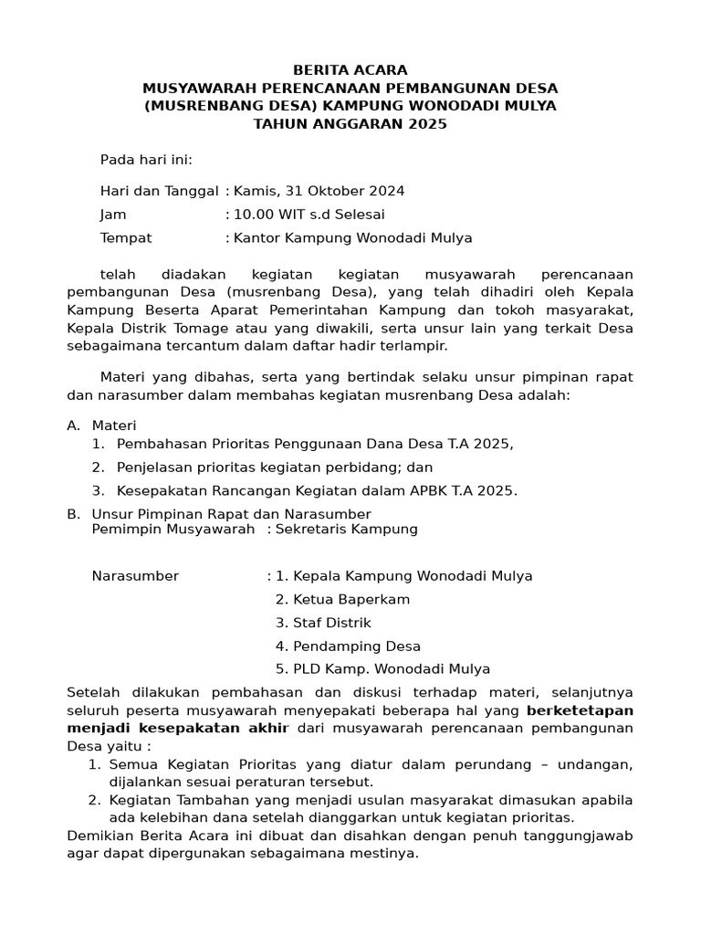 Berita Acara Musrenbang Desa Tuberwasak TA.2021 | PDF