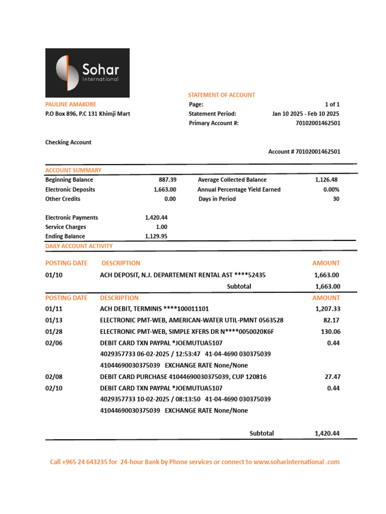 Sohar Estatement Acc 2501 2501210 Paulineamakobe | PDF | Debit Card ...