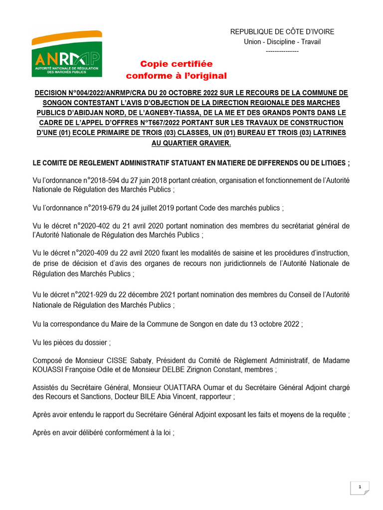 Décision ANRMP sur recours de Songon | PDF