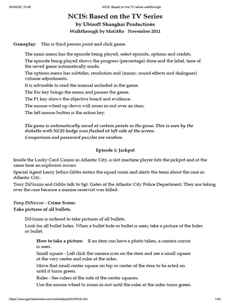 NCIS - Based On The TV Series Walkthrough | PDF