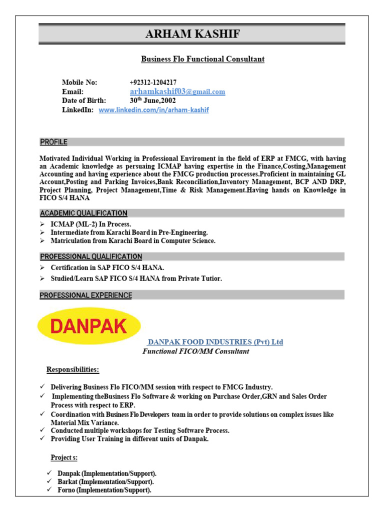 ERP Consultant Profile: Arham Kashif | PDF