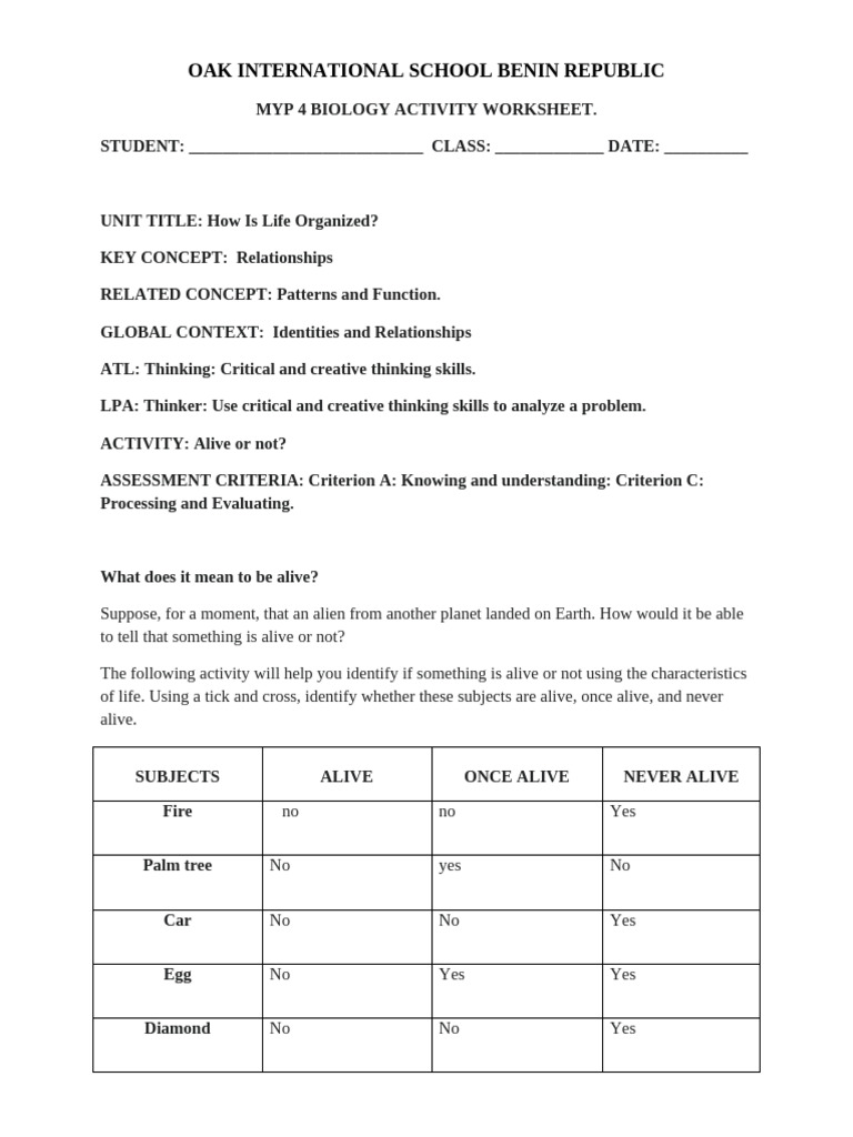 Alive or Not Activity Worksheet | PDF