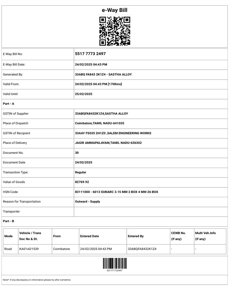E-Way Bill for Sastha Alloy Shipment | PDF