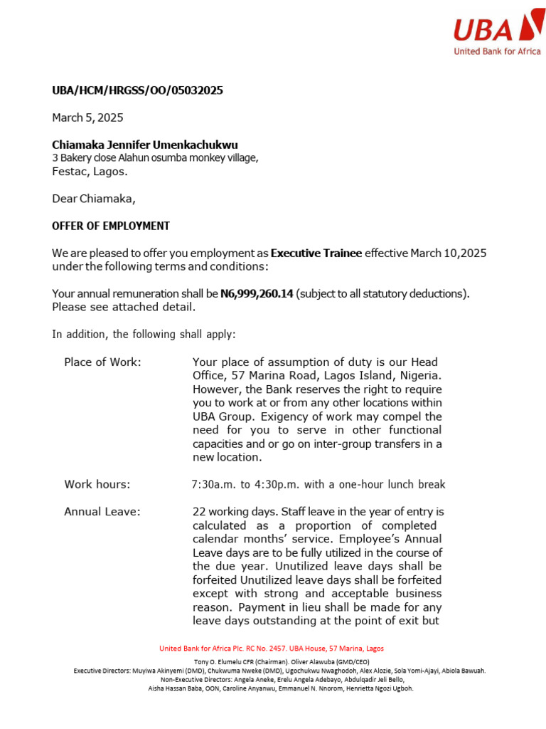 UBA Employment Offer Letter for Trainee | PDF | Cost Of Living | Loans