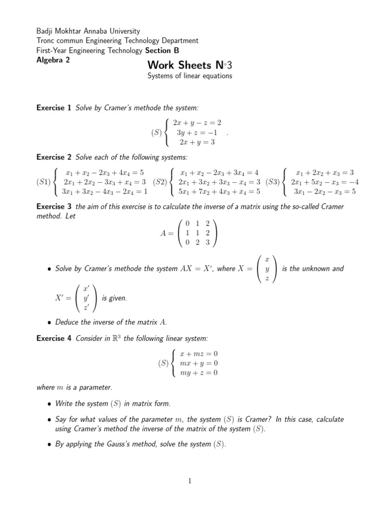 Work Sheets N°3 Algebra 2 | PDF