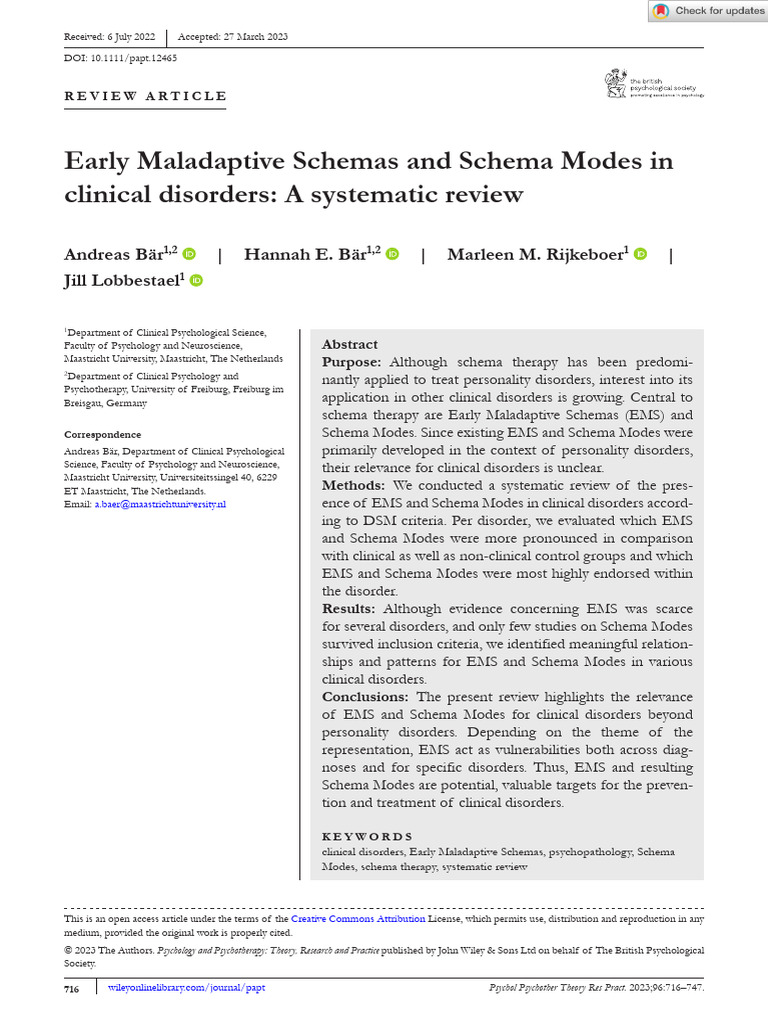 Psychol Psychother - 2023 - Bär - Early Maladaptive Schemas and Schema ...