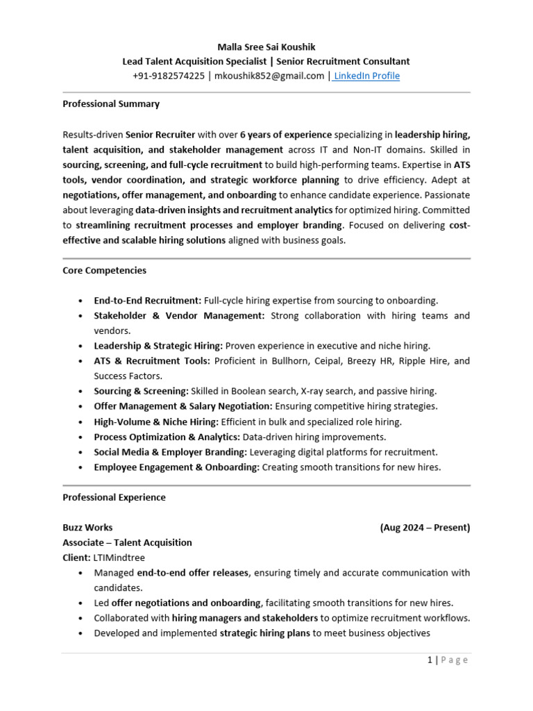 Malla Sree Sai Koushik - Senior Recruiter - Resume | PDF | Recruitment ...