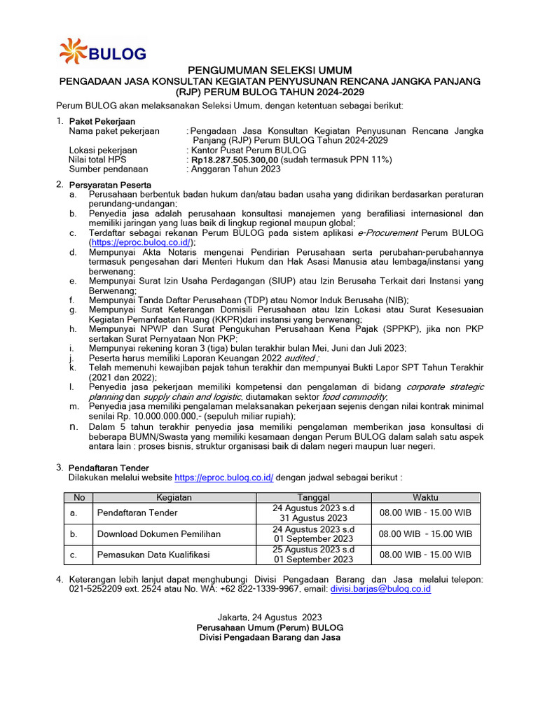 Pengumuman Seleksi Umum Pengadaan Jasa Konsultan Kegiatan Penyusunan ...