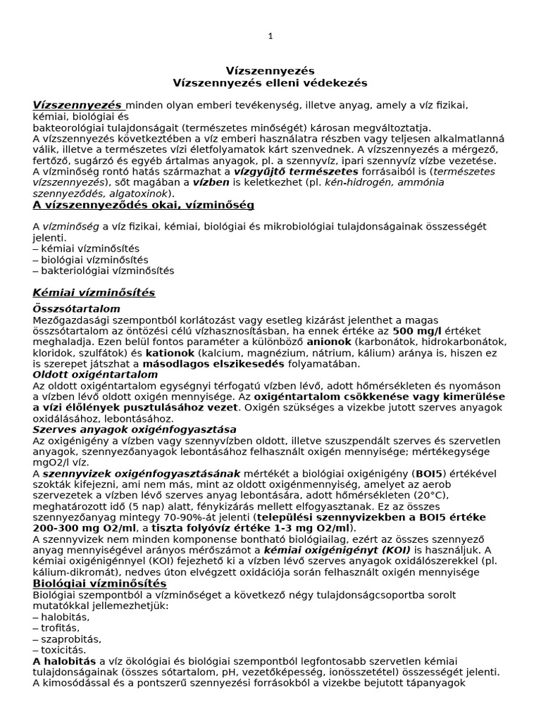 Vízszennyezés Jegyzet | PDF
