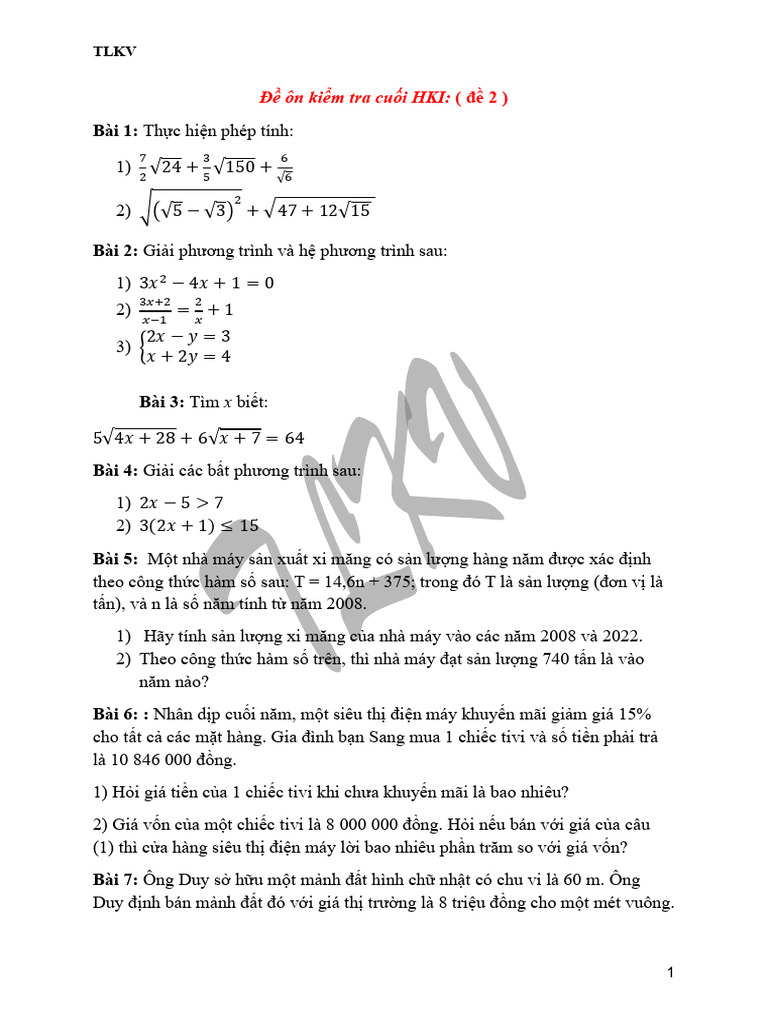 Đề ôn ktra cuối HK1 (đề 2) | PDF