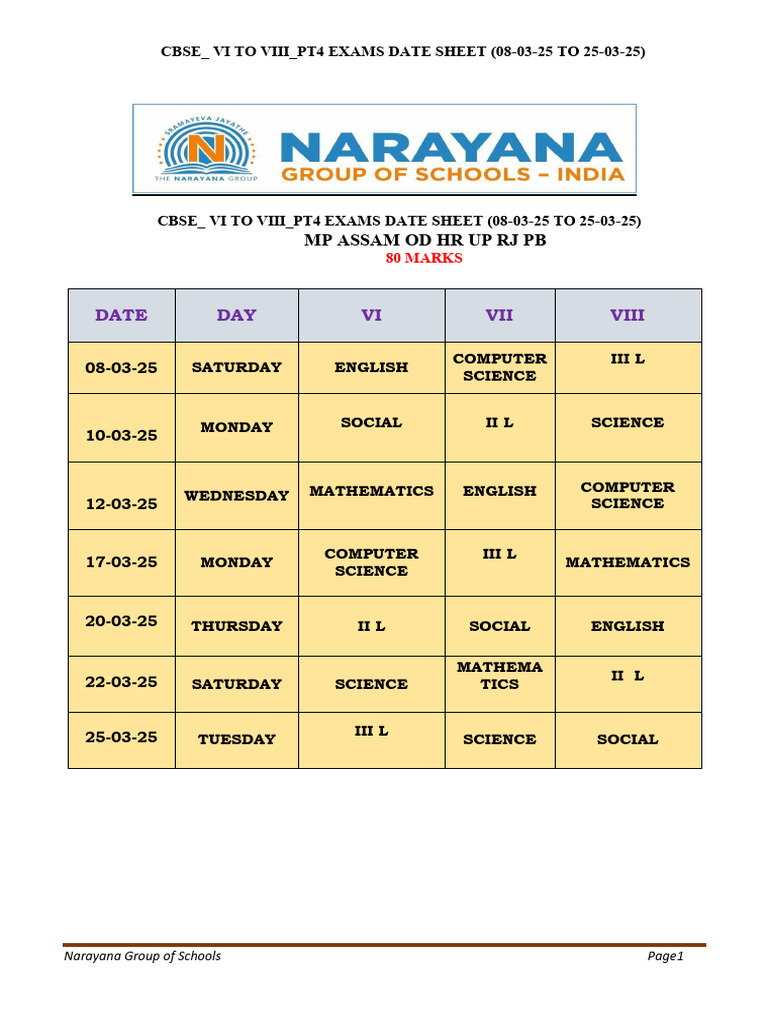 PT4 Exam Schedule for VI to VIII | PDF
