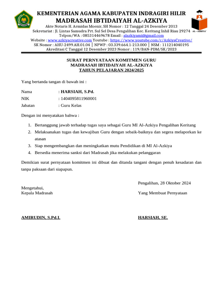 Surat Pernyataan Komitmen Kerja | PDF