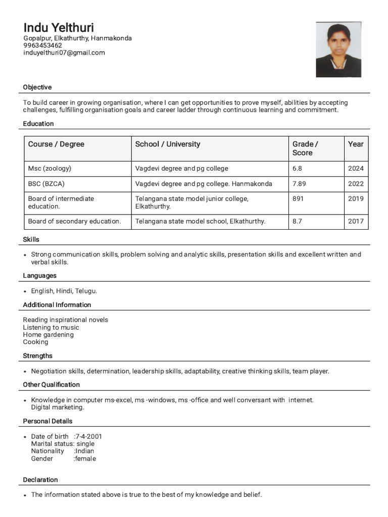 Indu Yelthuri - Zoology Graduate Resume | PDF