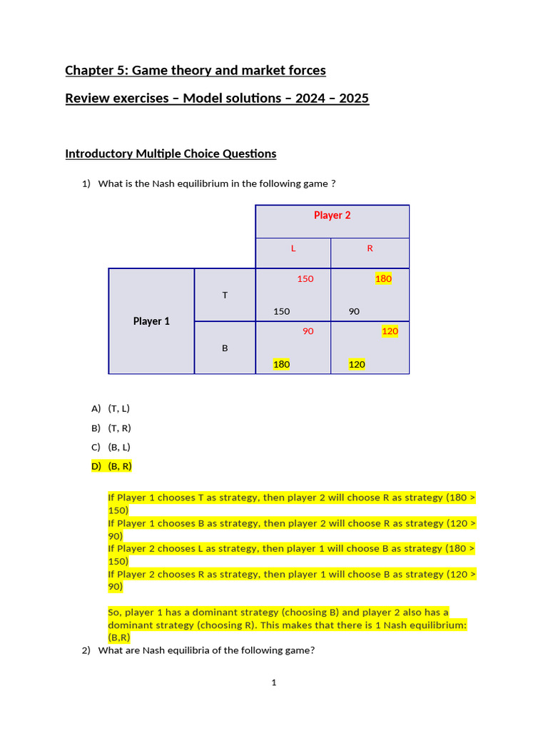 Chapter 5 Model Solutions - 2024 - 2025 - Tagged | PDF | Economic Equilibrium | Game Theory