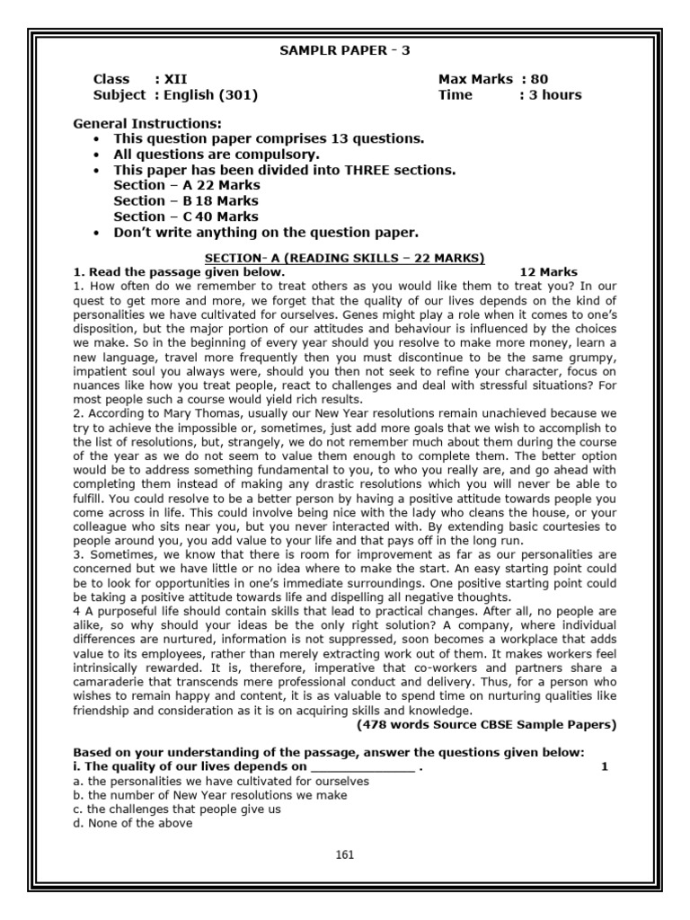 Class XII English Sample Paper 301 | PDF | Investing | Knowledge