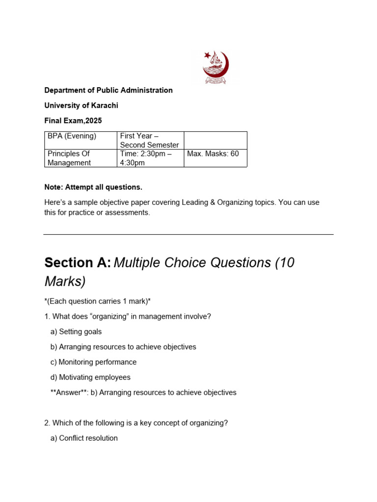 Principle of Management Sample Paper | PDF | Leadership | Business