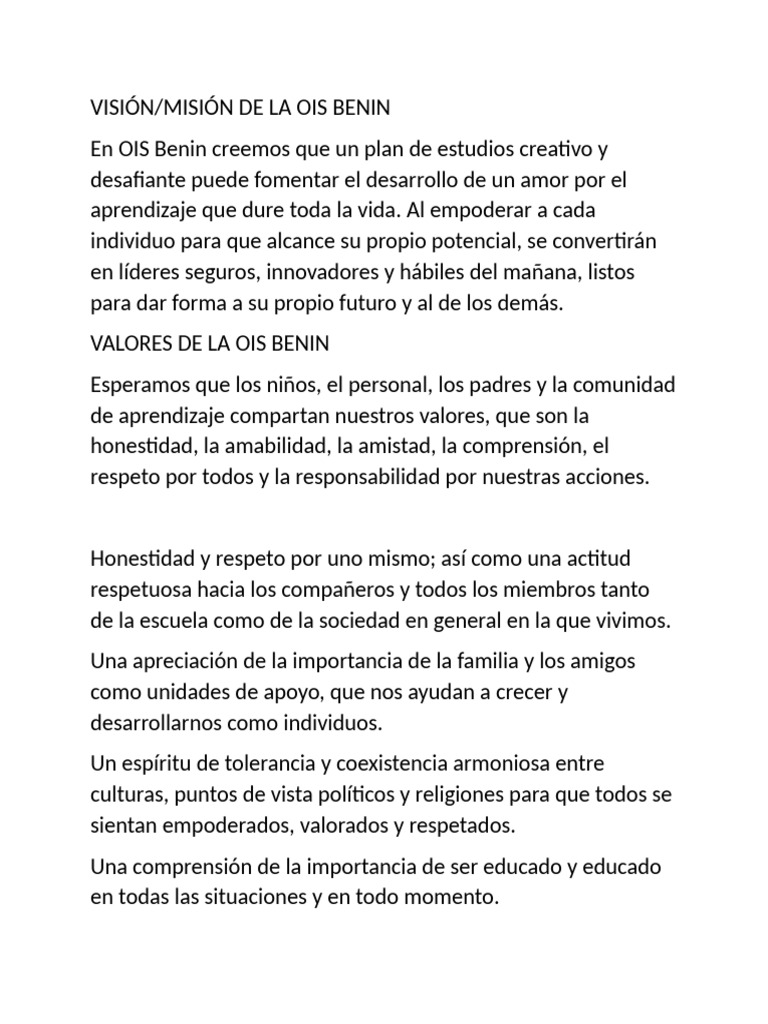 Visión y Valores de OIS Benin | PDF
