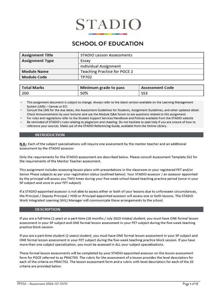 STADIO Assignment Template - TP702 - SS3 2024 | PDF | Educational ...