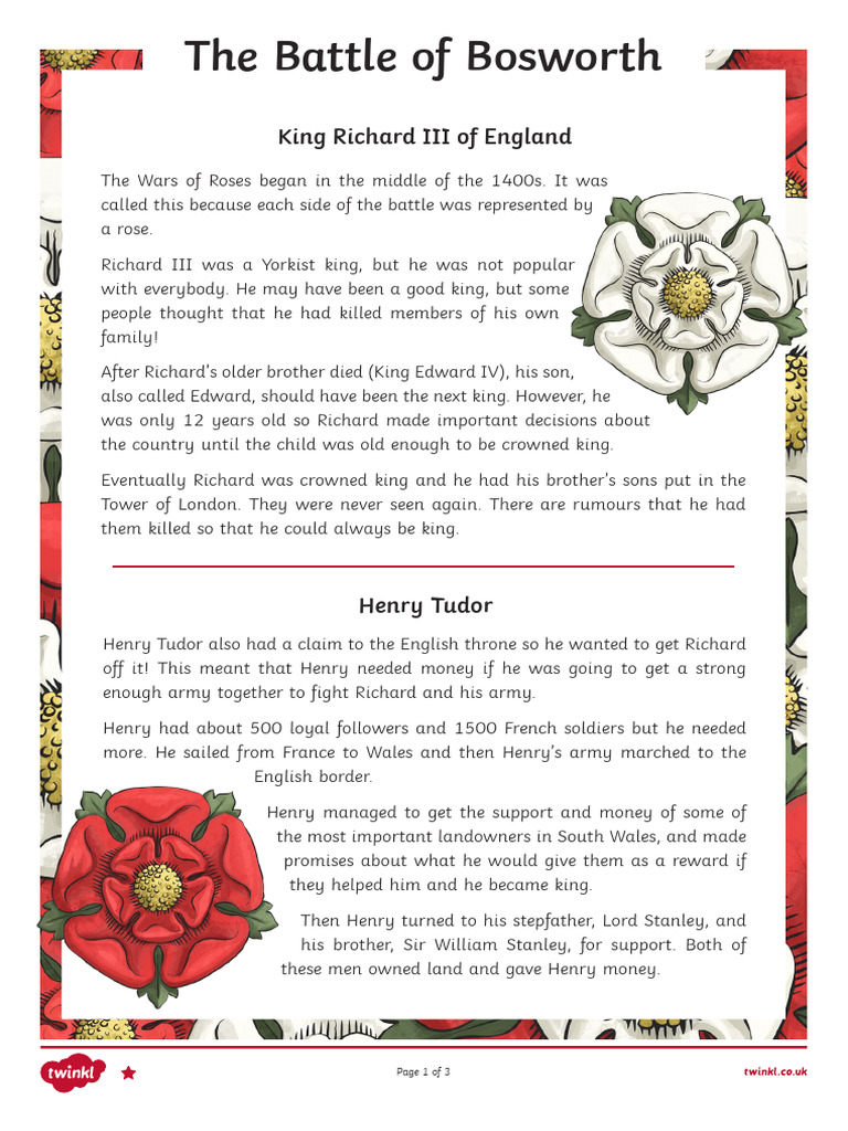 History The Battle of Bosworth Differentiated Reading Comprehension ...