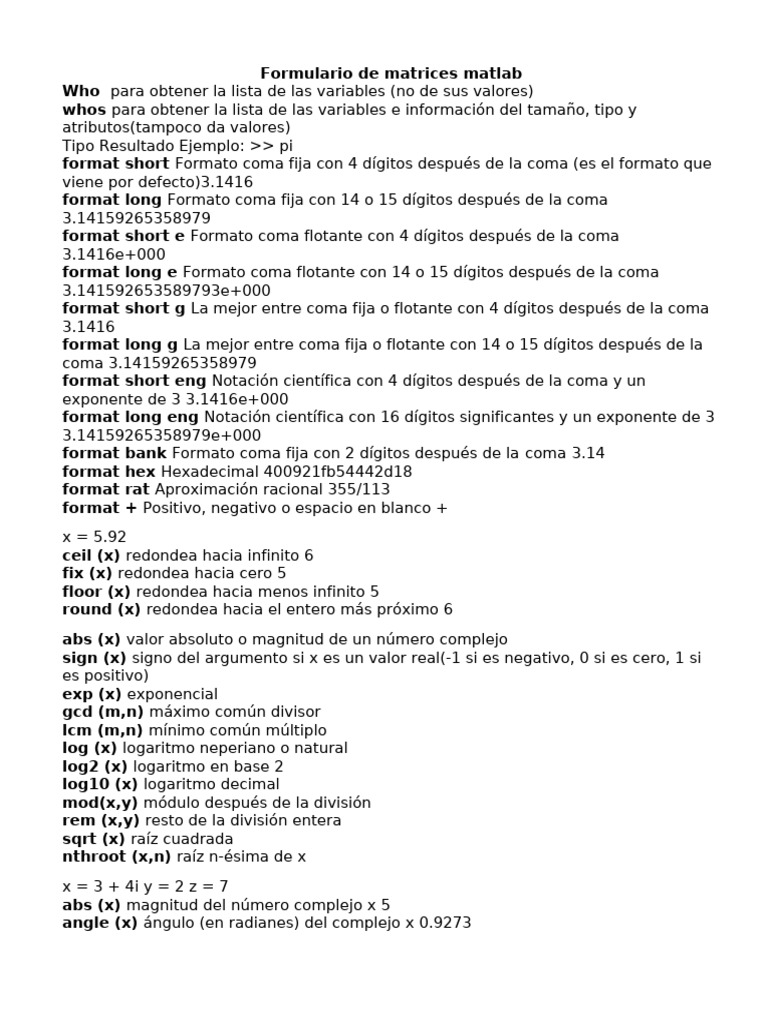 Formulario de Matrices Matlab | PDF | Matriz (Matemáticas) | Valores ...