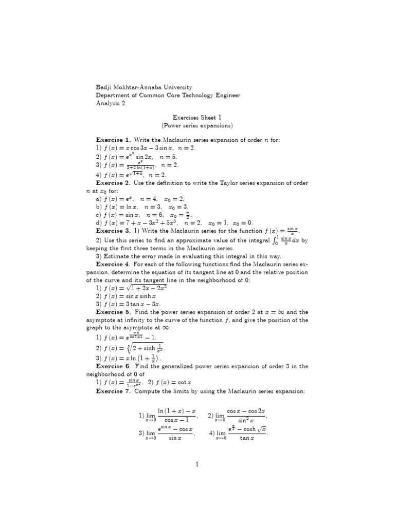 Power Series Expansion Exercises Guide | PDF