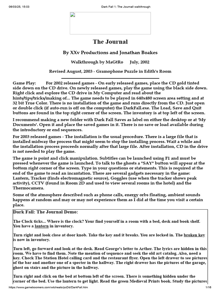 Dark Fall 1 - The Journall Walkthrough | PDF