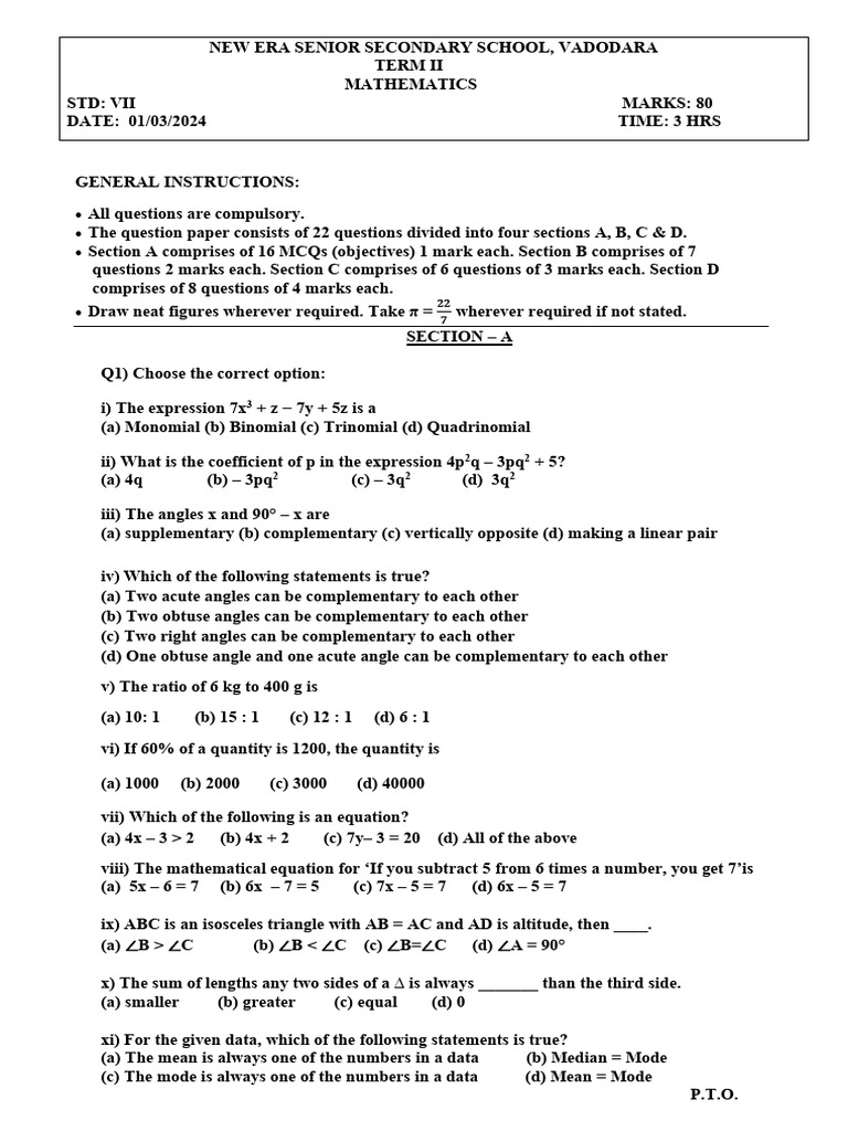 MATHS PEV. YEAR QUESTION PAPER std7 | PDF | Algebra | Mathematics