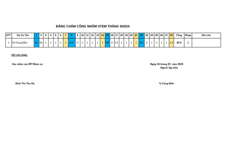 Chấm Công STEM - 2024 - T9 | PDF