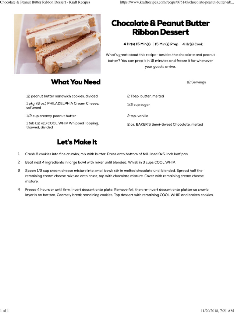 Chocolate & Peanut Butter Ribbon Dessert - Kraft Recipes | PDF