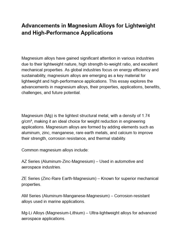 Advancements in Magnesium Alloys For Lightweight and High-Performance ...