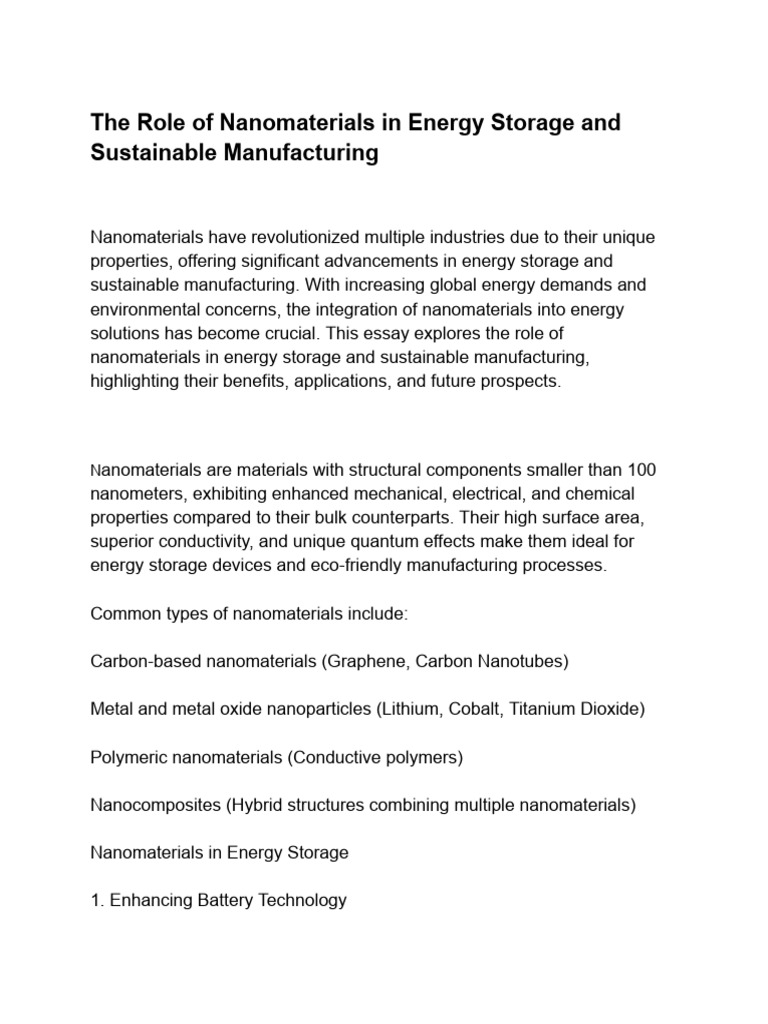 The Role of Nanomaterials in Energy Storage and Sustainable Manufacturing | PDF | Nanomaterials ...